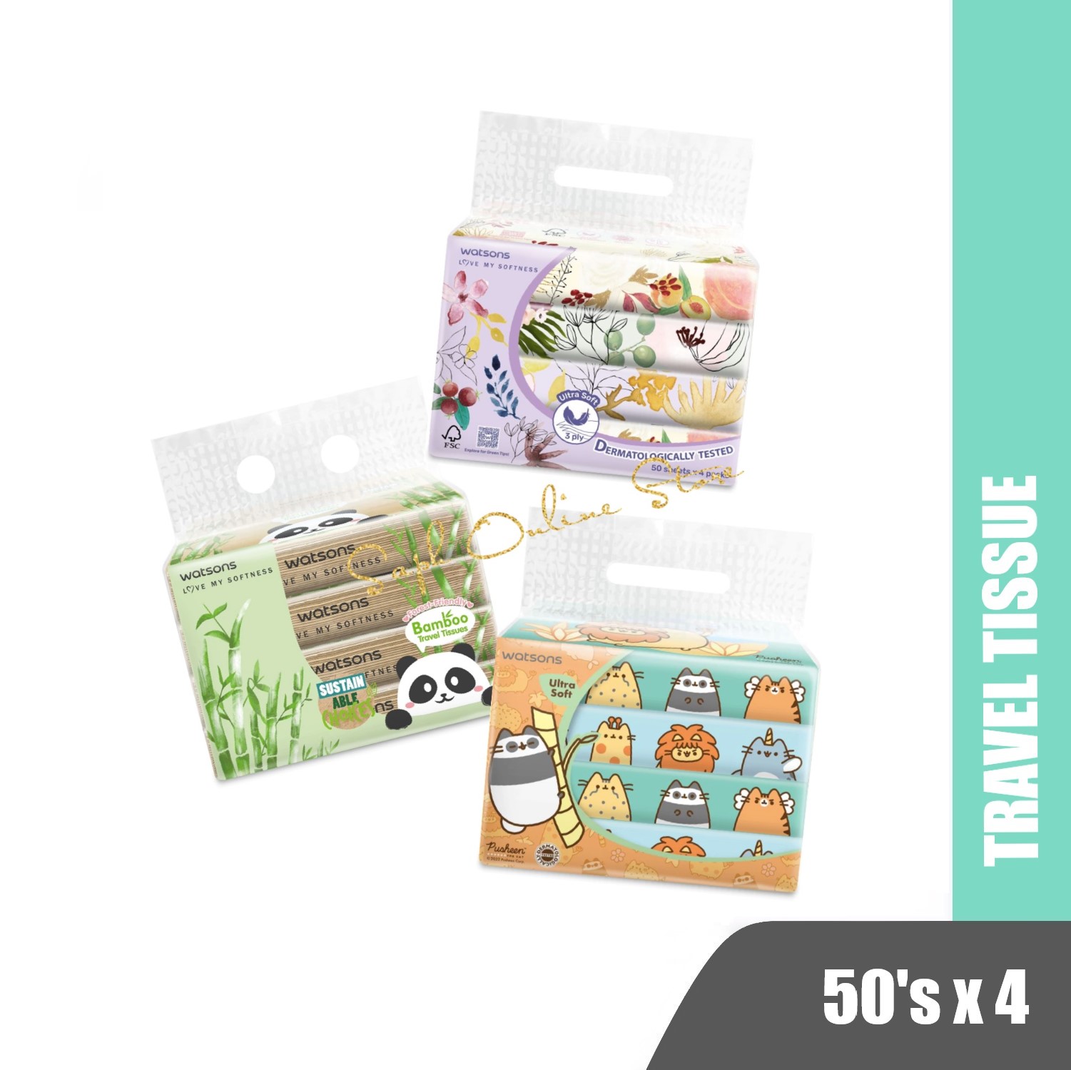 WATSONS Travel Tissue Facial Tissue (50's x 4packs) - Pusheen / Bamboo ...