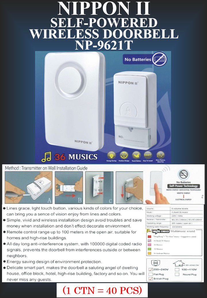 Nippon II Self Powered Wireless Doorbell NP-9621T (No Batteries ...