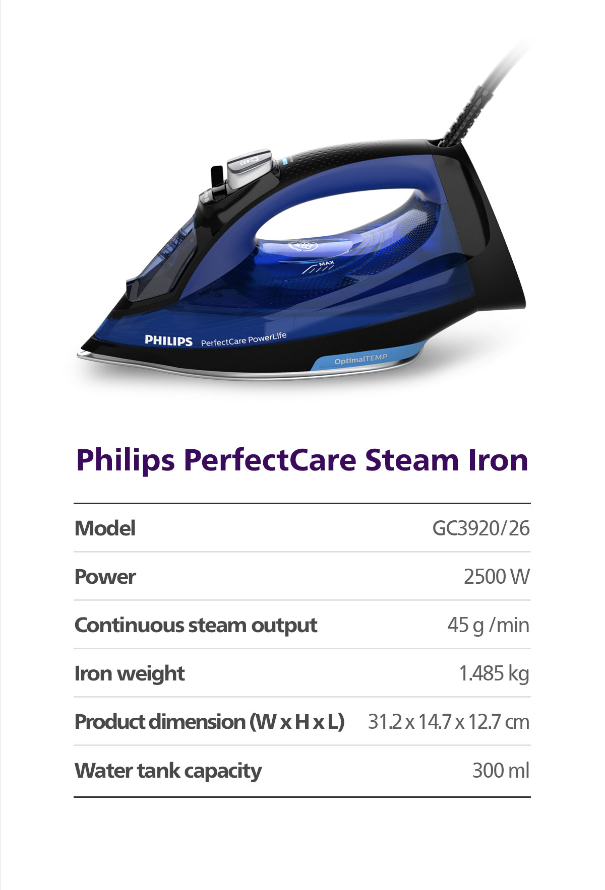 Philips Perfect Care Steam Iron GC3920/GC3920/26 | Shopee Malaysia