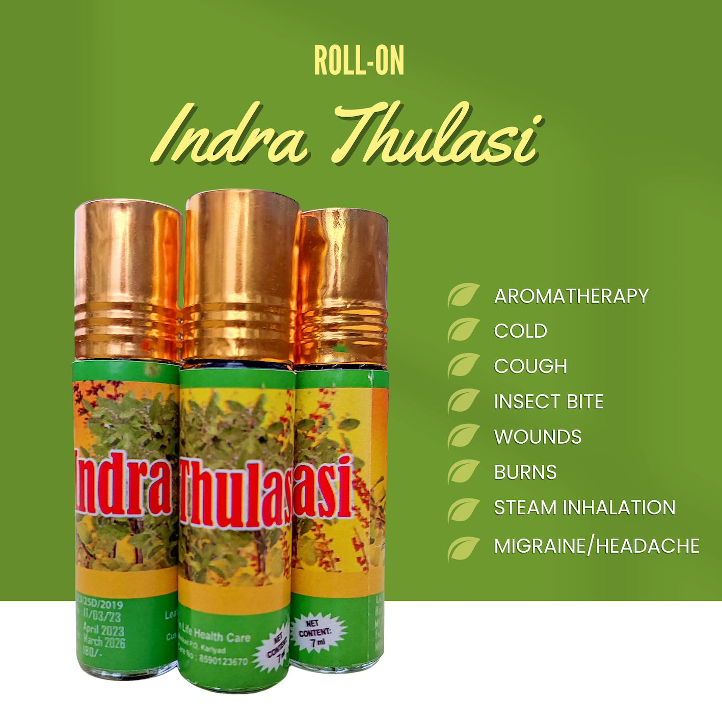 Indra Thulasi Roll on Herbal (Ayurvedic) Oil - Relief for Sinusitis, Cold, sneezing, allergy ...