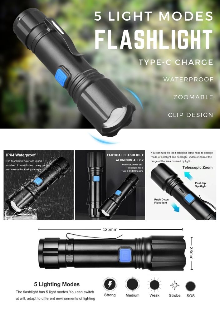 WATERPROOF Zoomable Torch Light LED Flashlight Type-C USB Rechargeable ...