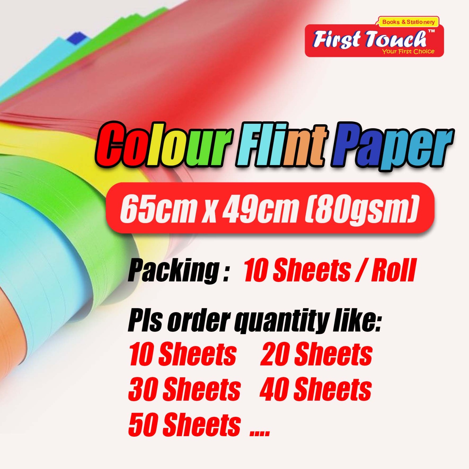 Colour Flint Paper Kertas Warna颜色手工纸 80gsm (10 Sheets / roll) 49cm x ...