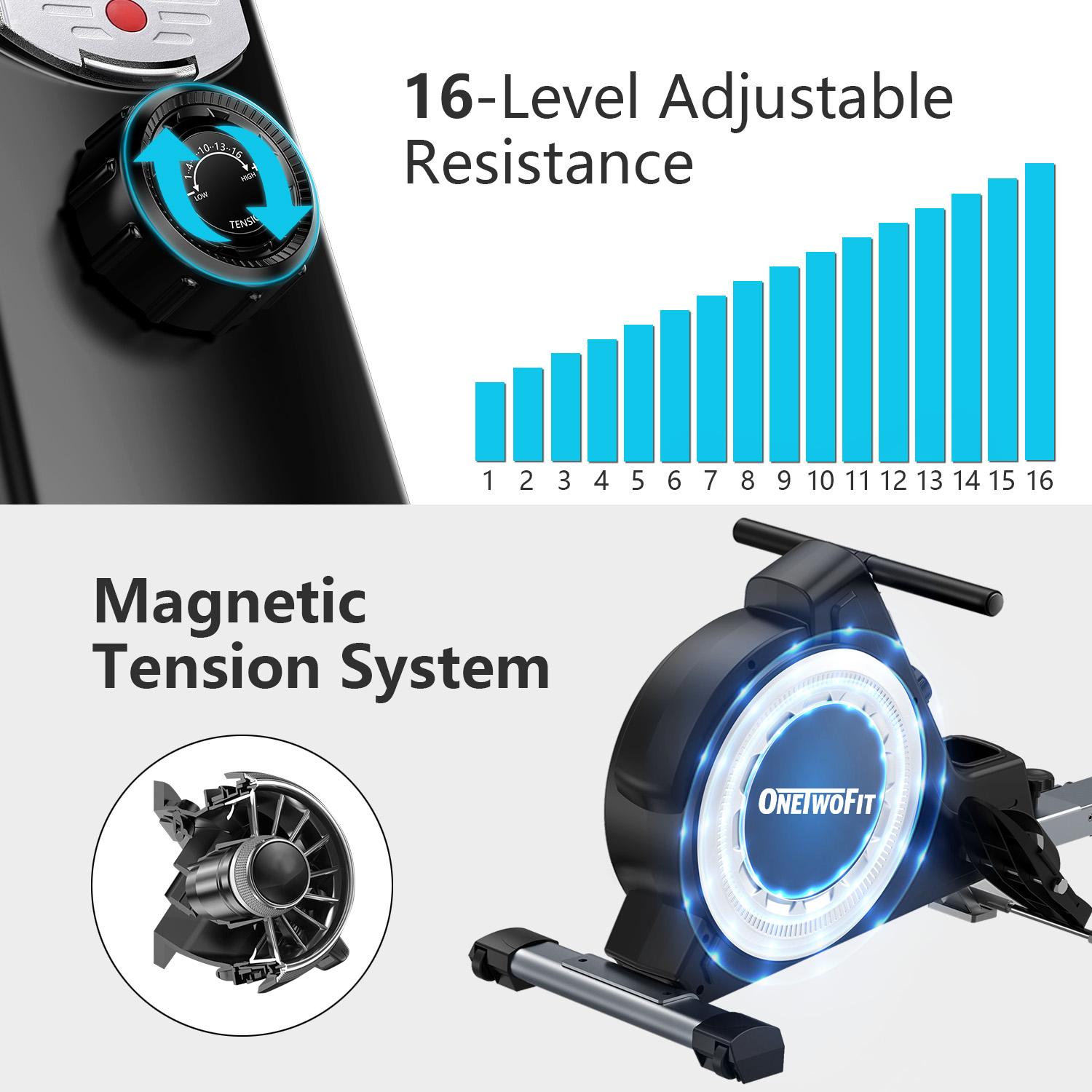 OneTwoFit 16 Level Resistance Rowing Machine with Magnetic Resistance ...