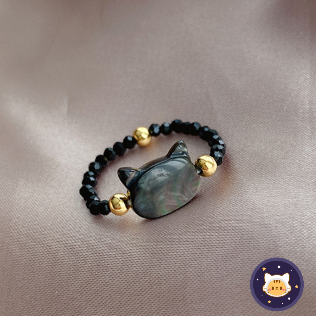 OYEN PLANET Cat Face Crystal Shell Ring Cincin Kucing Krystal Black ...