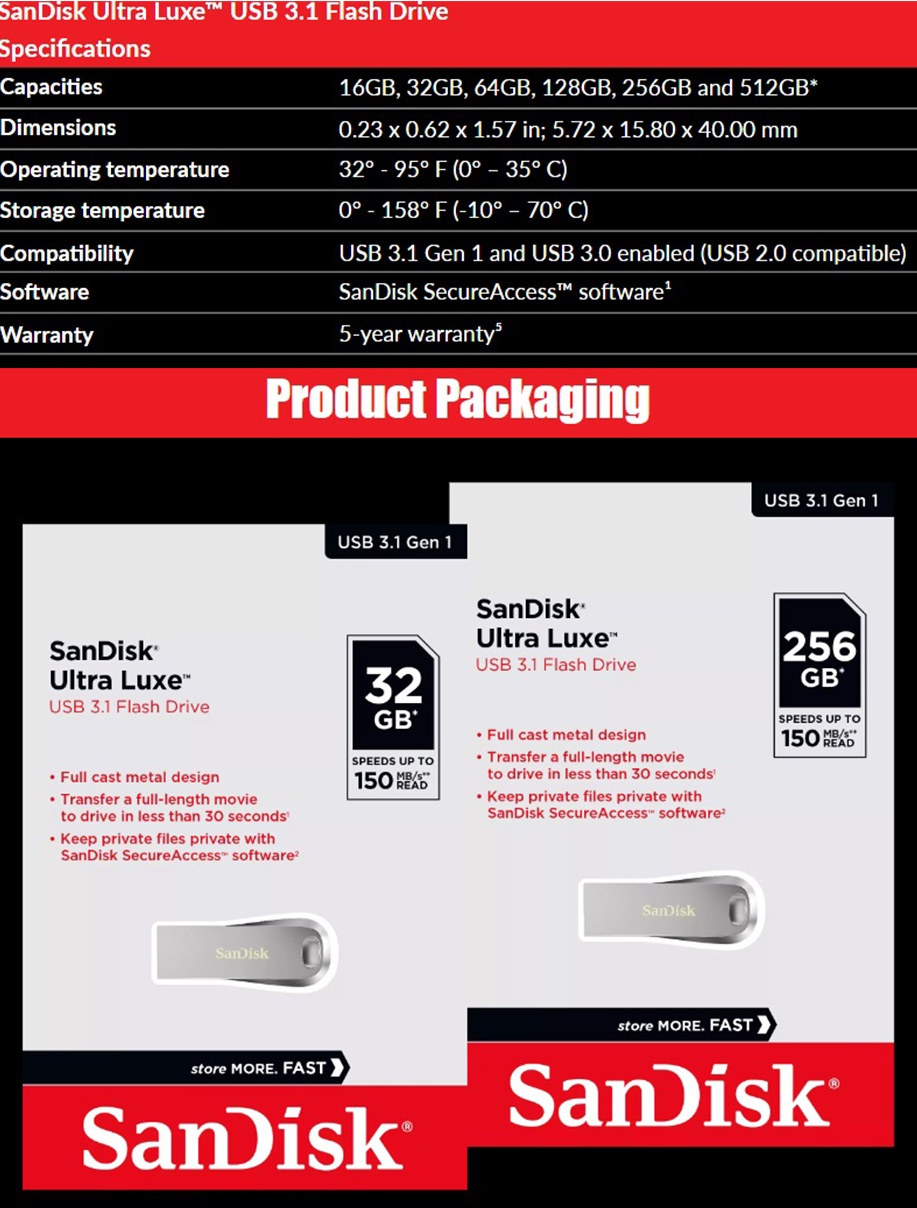 SanDisk CZ74 Ultra Luxe USB3.1 Flash Drive (16GB/32GB/64GB/128GB/256GB ...
