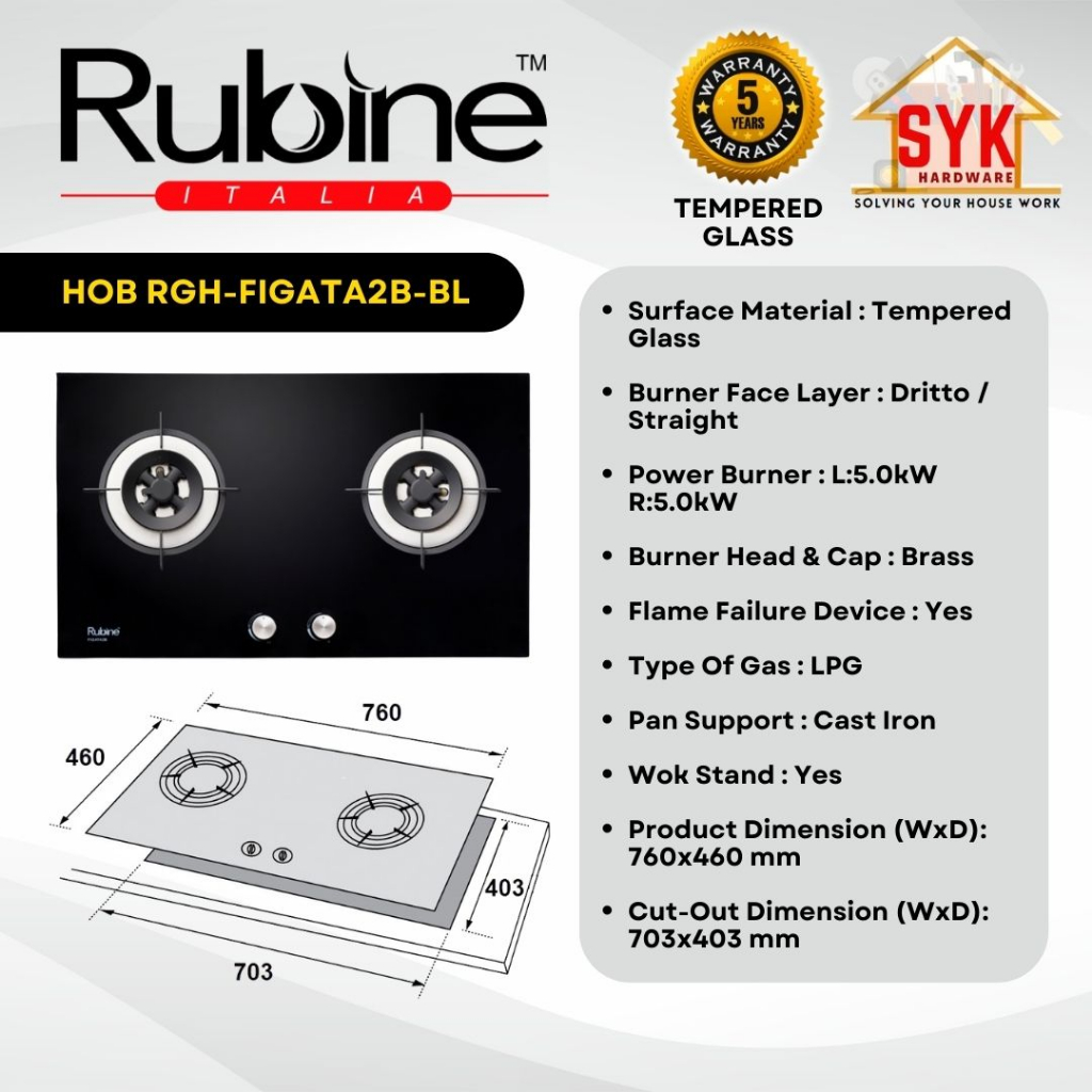 SYK (Free Shipping) Rubine Dapur Gas Masak Kaca Kitchen Hob Gas Cooking ...