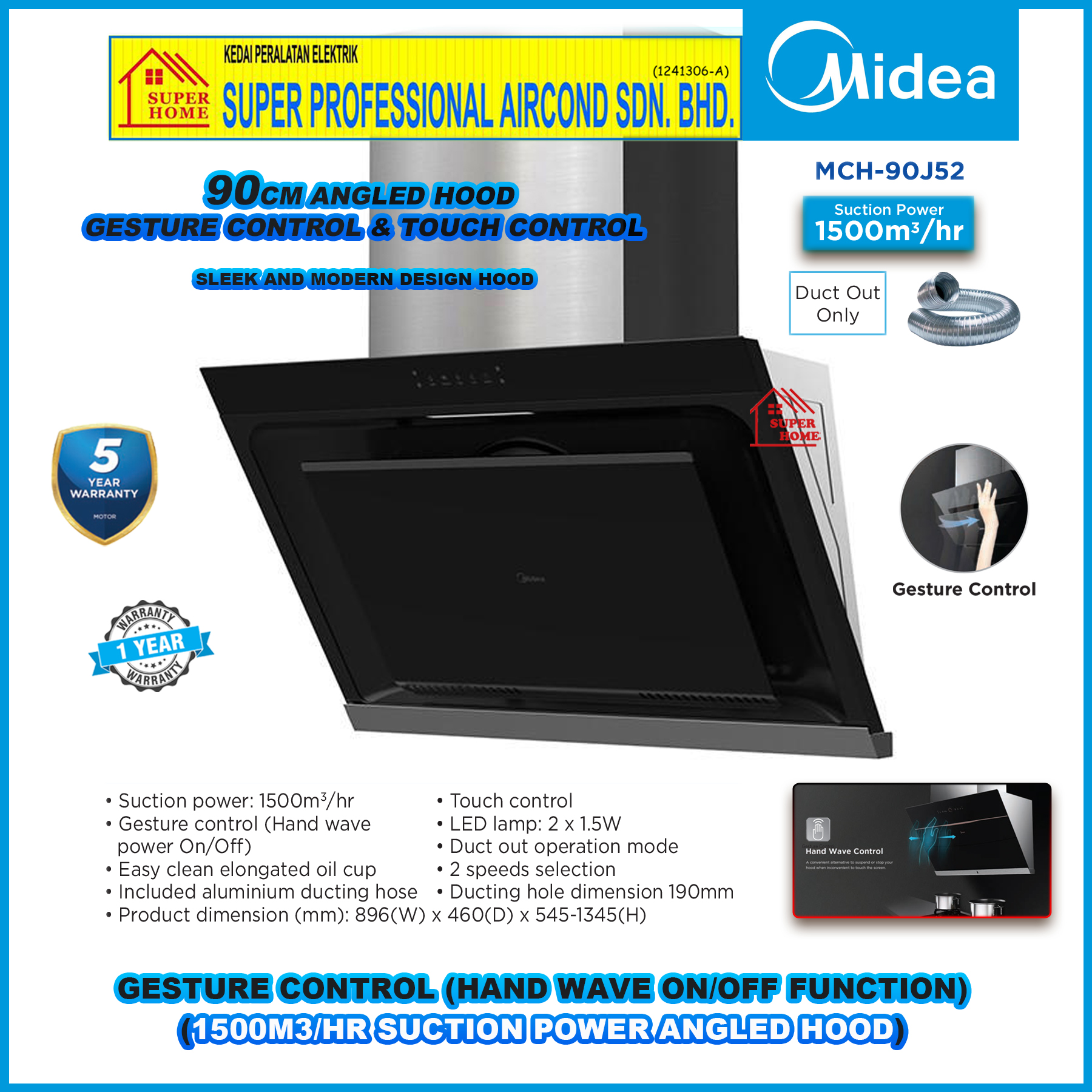 Midea Hood MCH-90J52 90cm Angle Designer Hood + Midea Built in Gas Hob ...