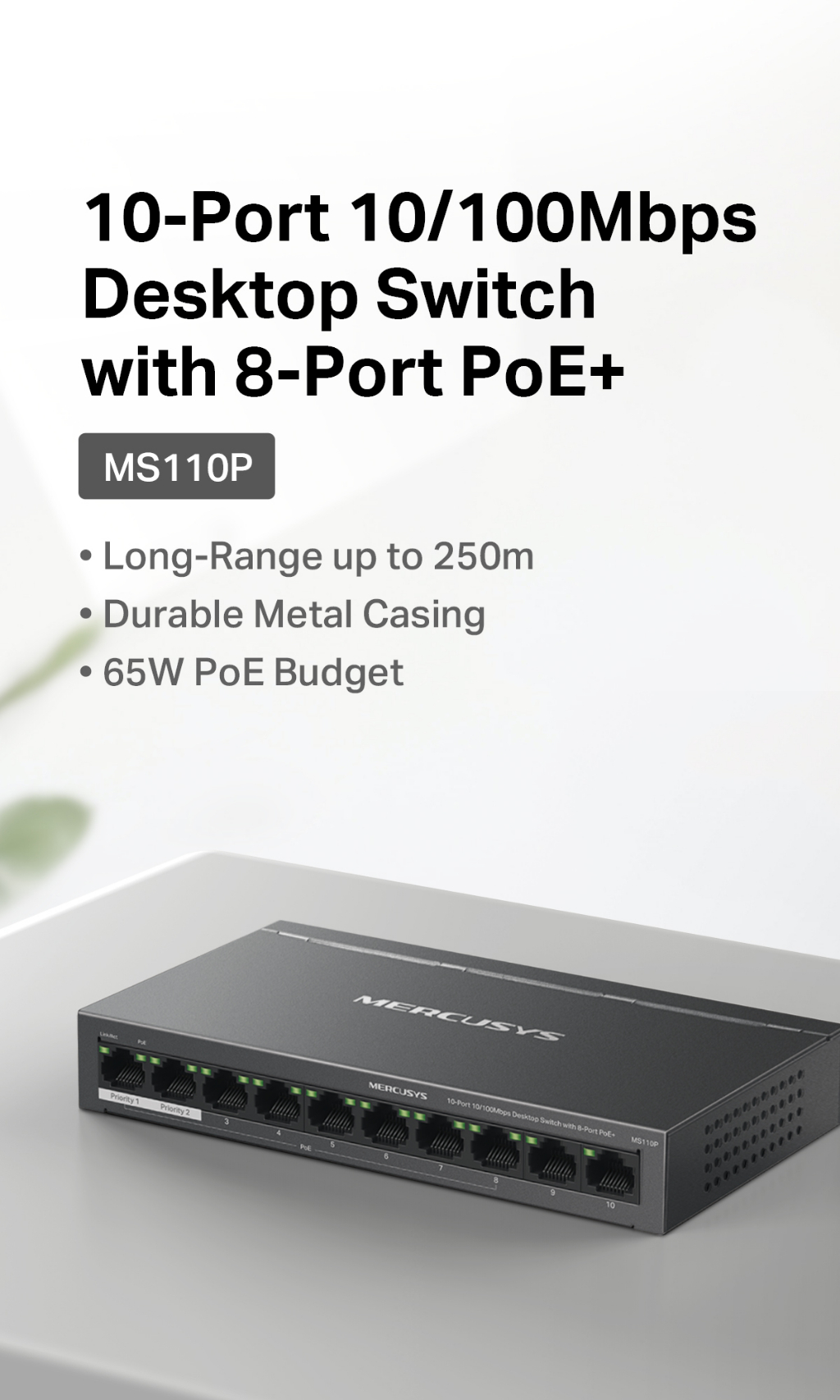 Mercusys 10-Port 10/100Mbps Desktop Network Plug & Play Lan Switch with 8-Port PoE+ MS110P ...