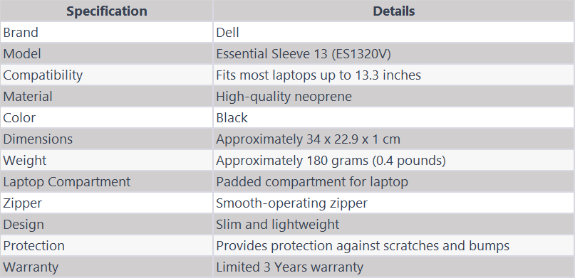 Dell Essential Sleeve 13 - ES1320V DP/N: 460-BCOJ | Black | 3 Years ...