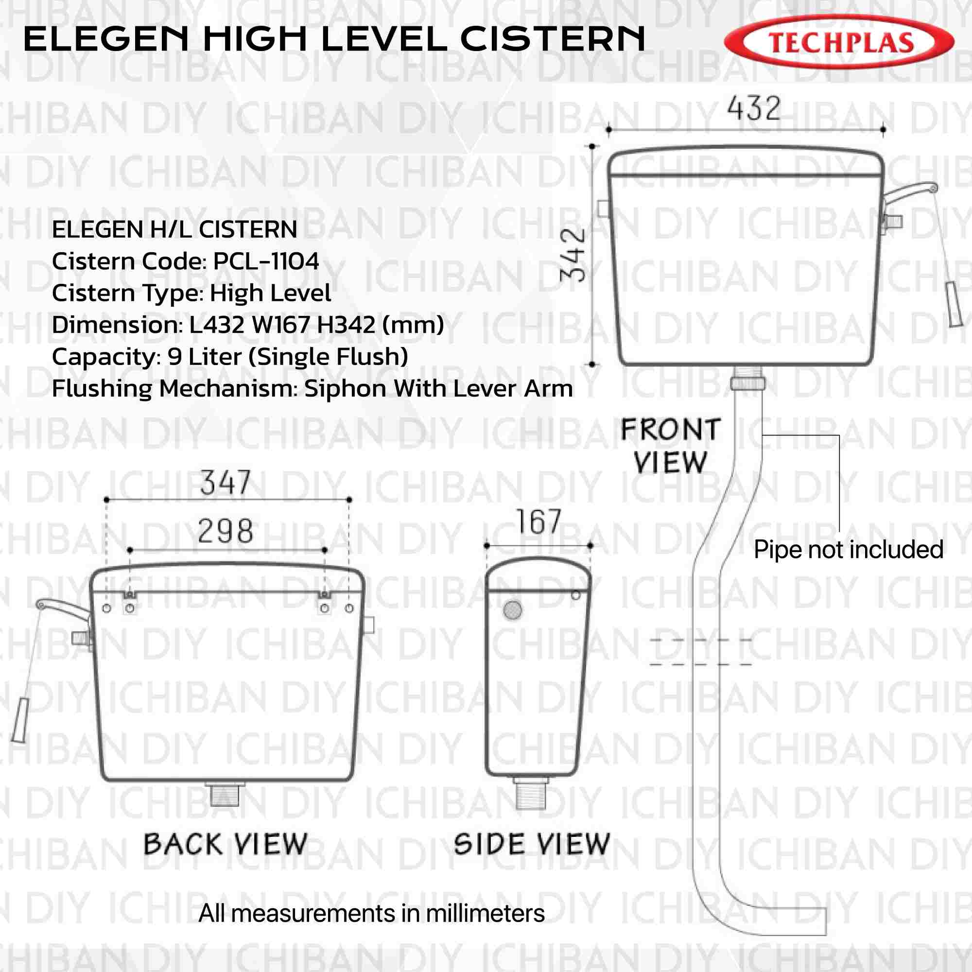 Techplas Elegen High Level Cistern PCL-1104 Plastic Toilet Water Tank ...
