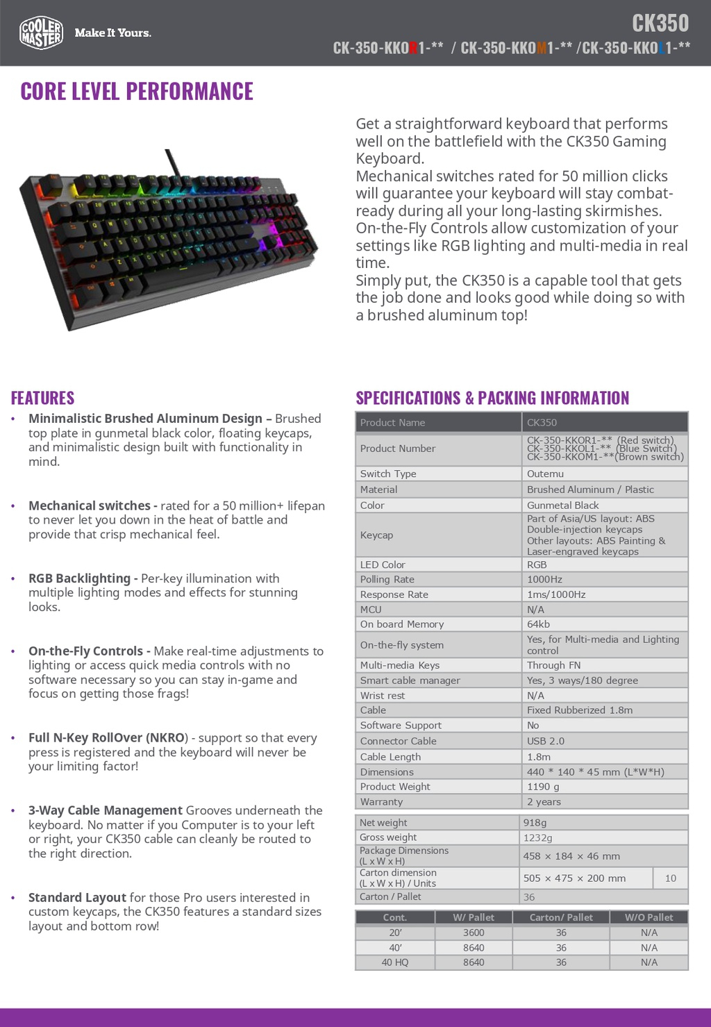 Cooler Master CK350 CK-350 RGB Mechanical Gaming Keybord (OUTEMU BLUE ...