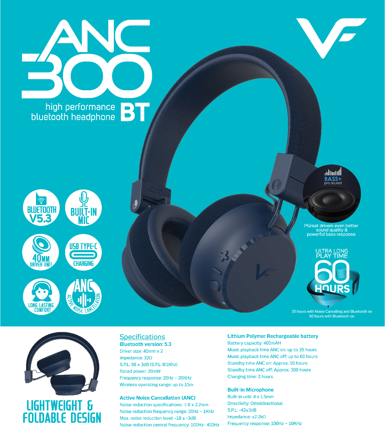 Vinnfier ANC 300 BT Active Noise Cancelling Bluetooth Headphone Strong ...
