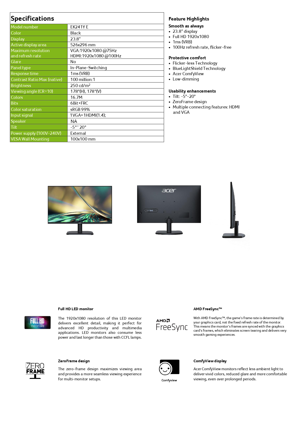 ACER EK251Q G (24.5") / EK271 (27") MONITOR ( IPS FHD / 1MS (VRB ...