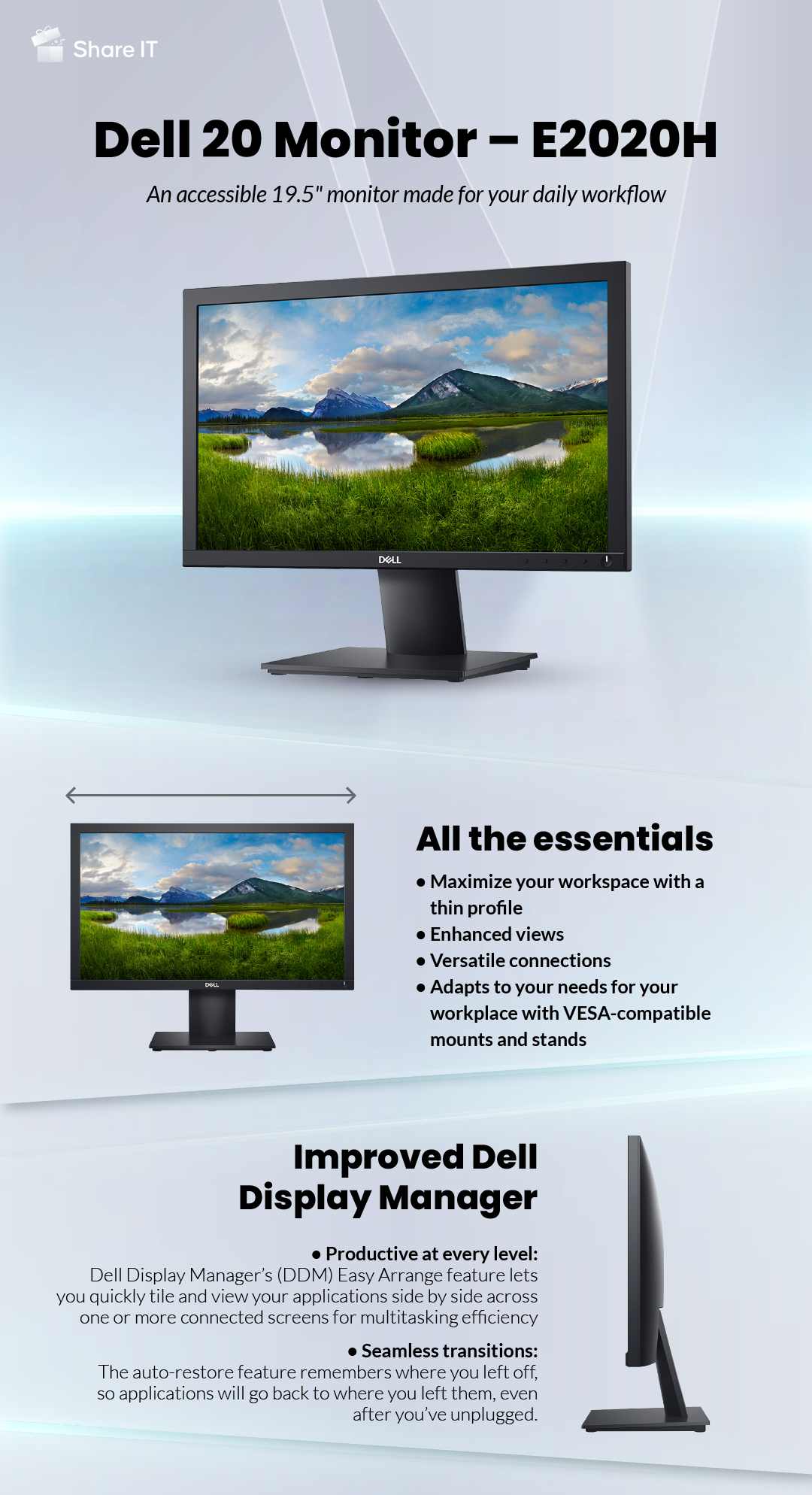 Dell 20 Monitor: E2020H with 1600x900 Resolution Display port VGA for ...