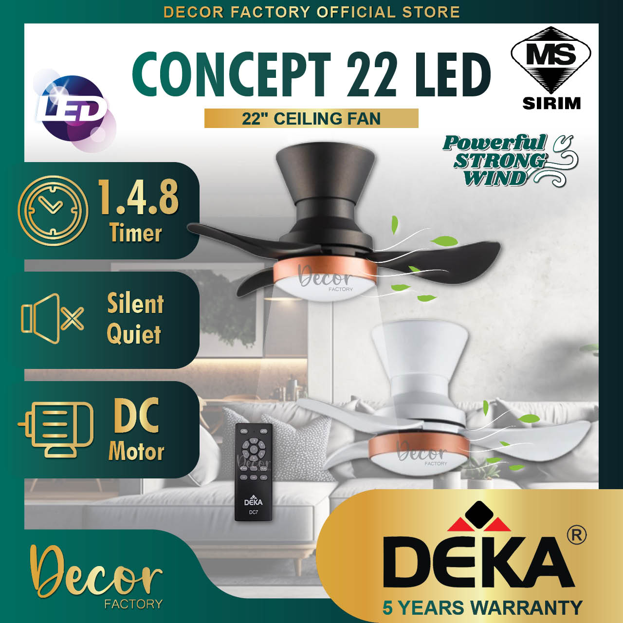 DEKA Fan DEKA CONCEPT 22 LED 22" 3 Blades 14 Speed DC Motor Remote ...