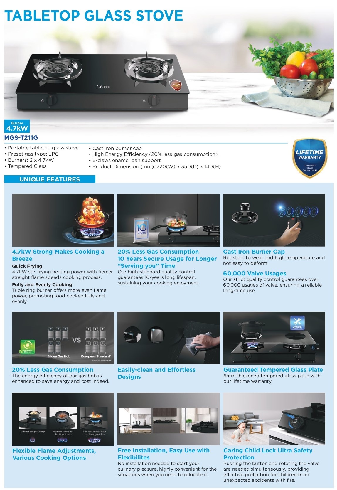SYK MIDEA MGH-76Q60B 5.2kW Build In Glass Gas Hob Cooker Hob Gas Stoves ...