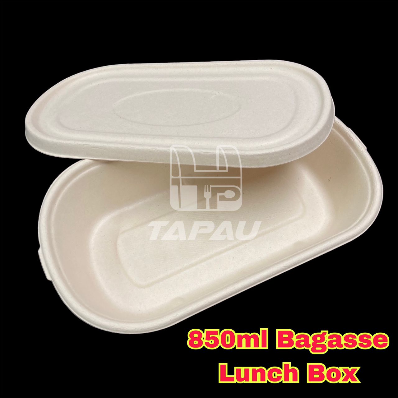 TAPAU - 850ml Oval Bagasse Lunch Box [ 50pcs +- ] / 2 Compartment Bio ...