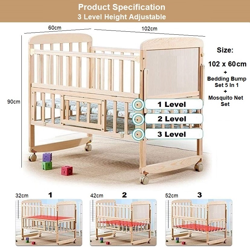 OSUKI 3 Level Baby Cot Attached Parent + Bedding Bump Set 5 In 1 [Free ...