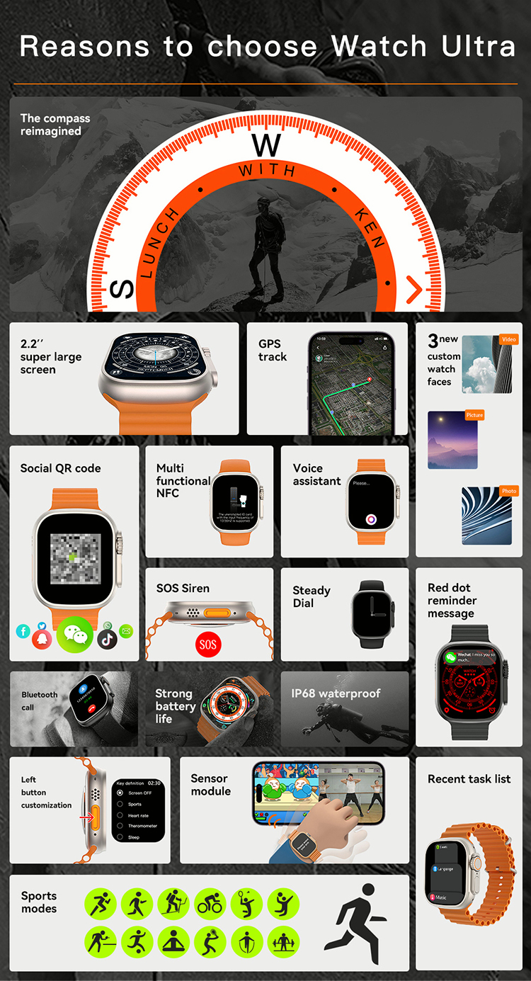 Maxwear Ultra 9 Smart Watch 49MM Series 8 2.2" HD Screen Compass NFC ...