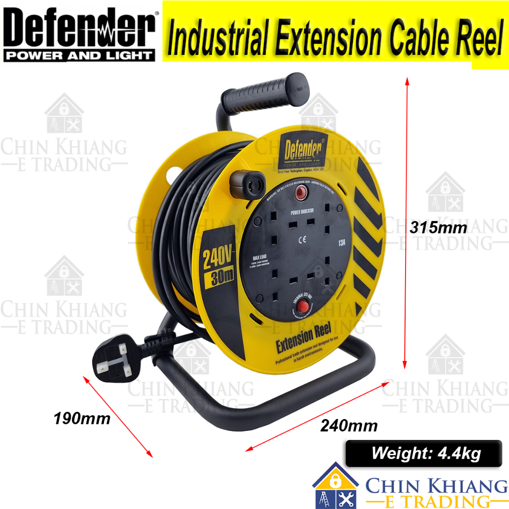 Defender 30M 4-Way Industrial Extension Wire Cable Reel 240V 13A E86507 ...