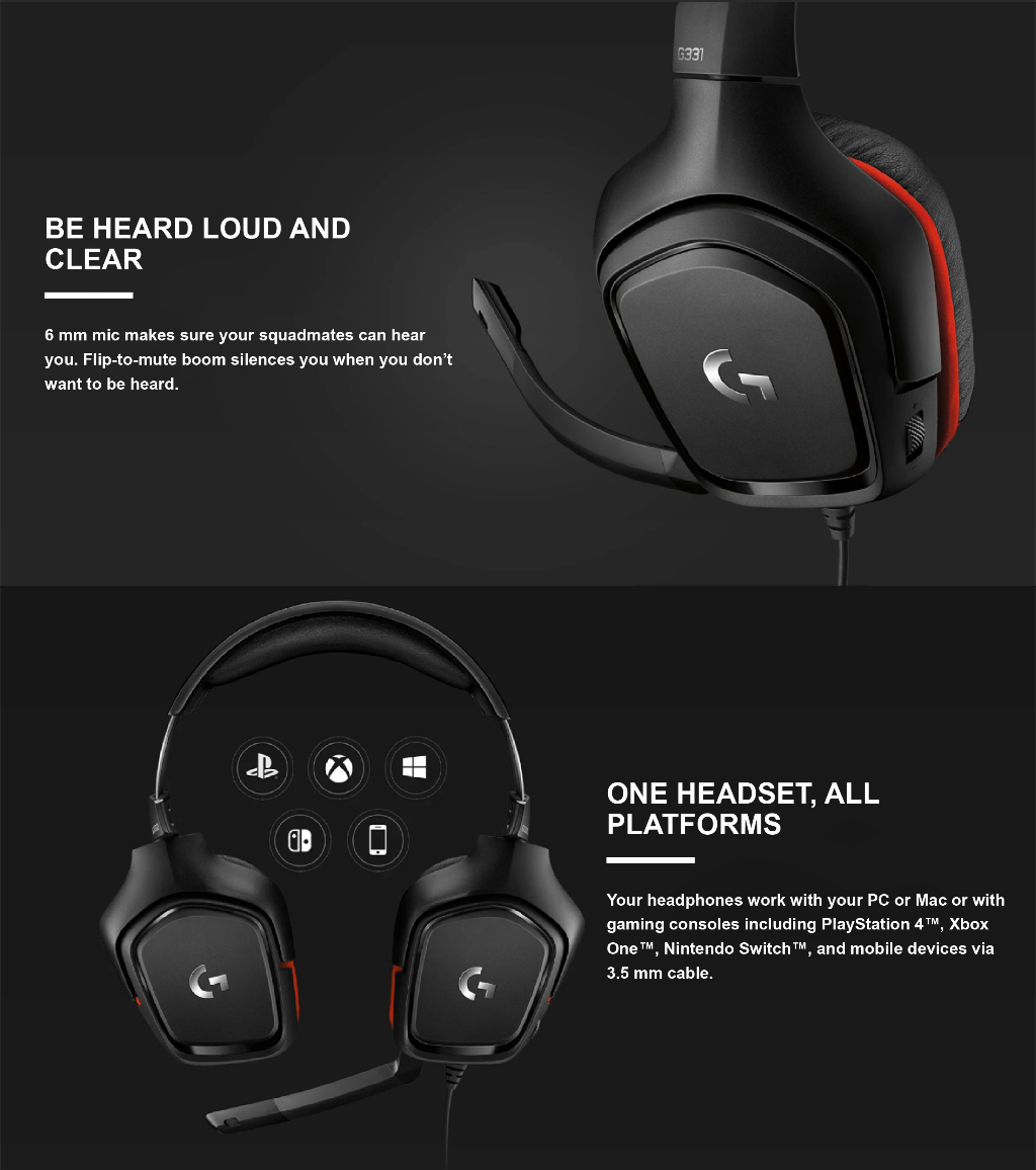 LOGITECH G331 Wired Gaming Headset with 50mm Drivers, On-Headset Volume ...