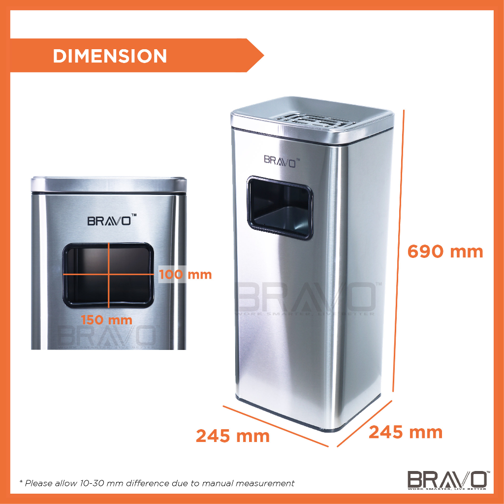 BRAVO Stainless Steel Dustbin With Ashtray Tong Sampah Stainless Steel ...