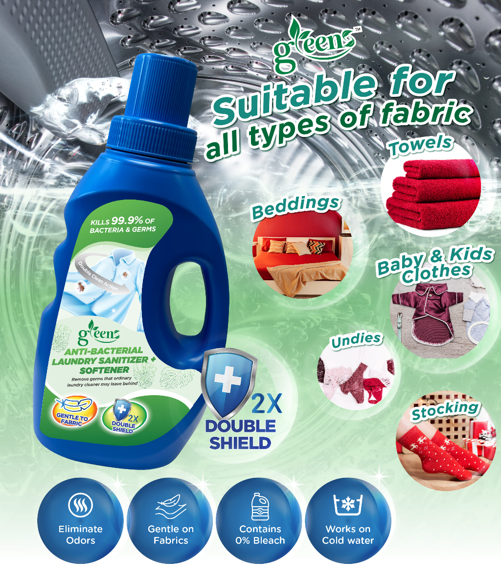GREENS 2 in 1 Anti-Bacterial Laundry Sanitizer and Softener Kills 99.9% ...