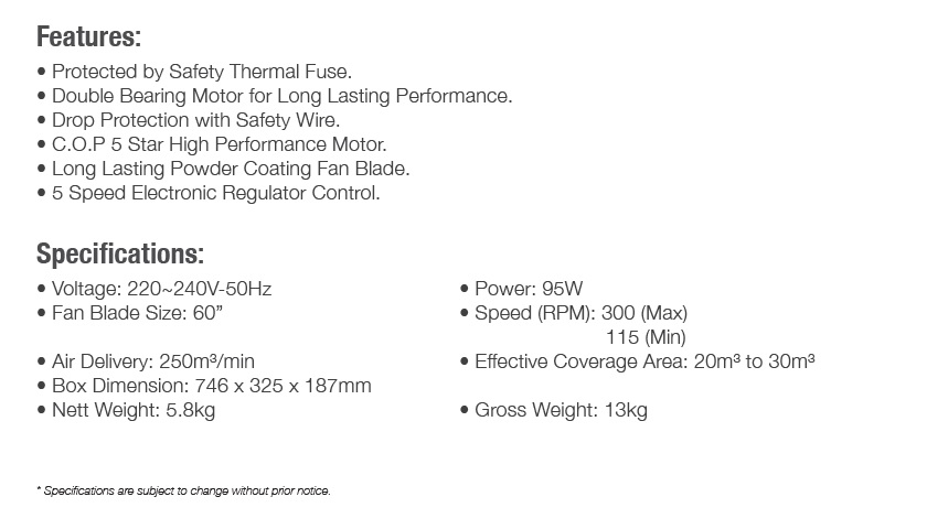 Khind 60" Ceiling Fan CF6C23 / CF618 / REZO K16 / Milux MCF-6001/ Faber ...