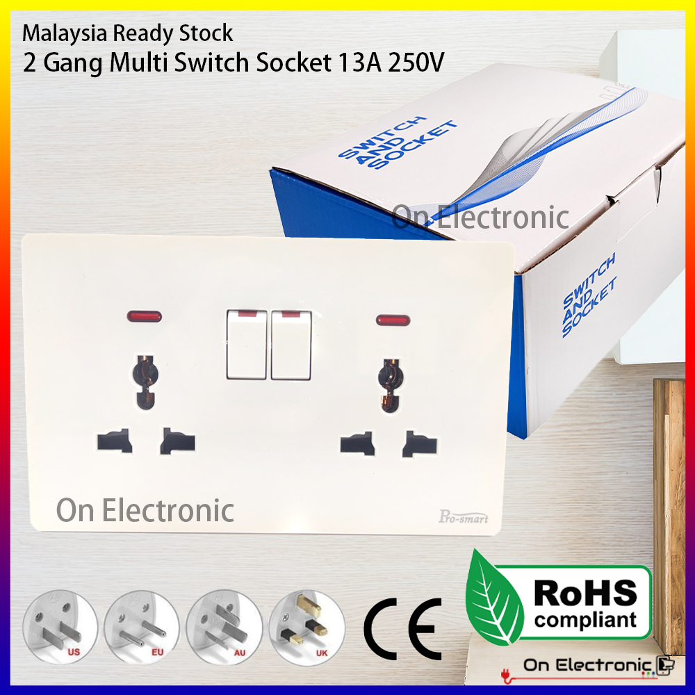 13A 2 Gang Universal Switch Socket Multi Wall Switch Socket with Neon Light Indicator 2位万能开关插座 ...