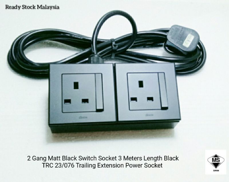 2 Gang Heavy Duty Matt Black Switch Socket 3/5/10 Meters TRC Black ...