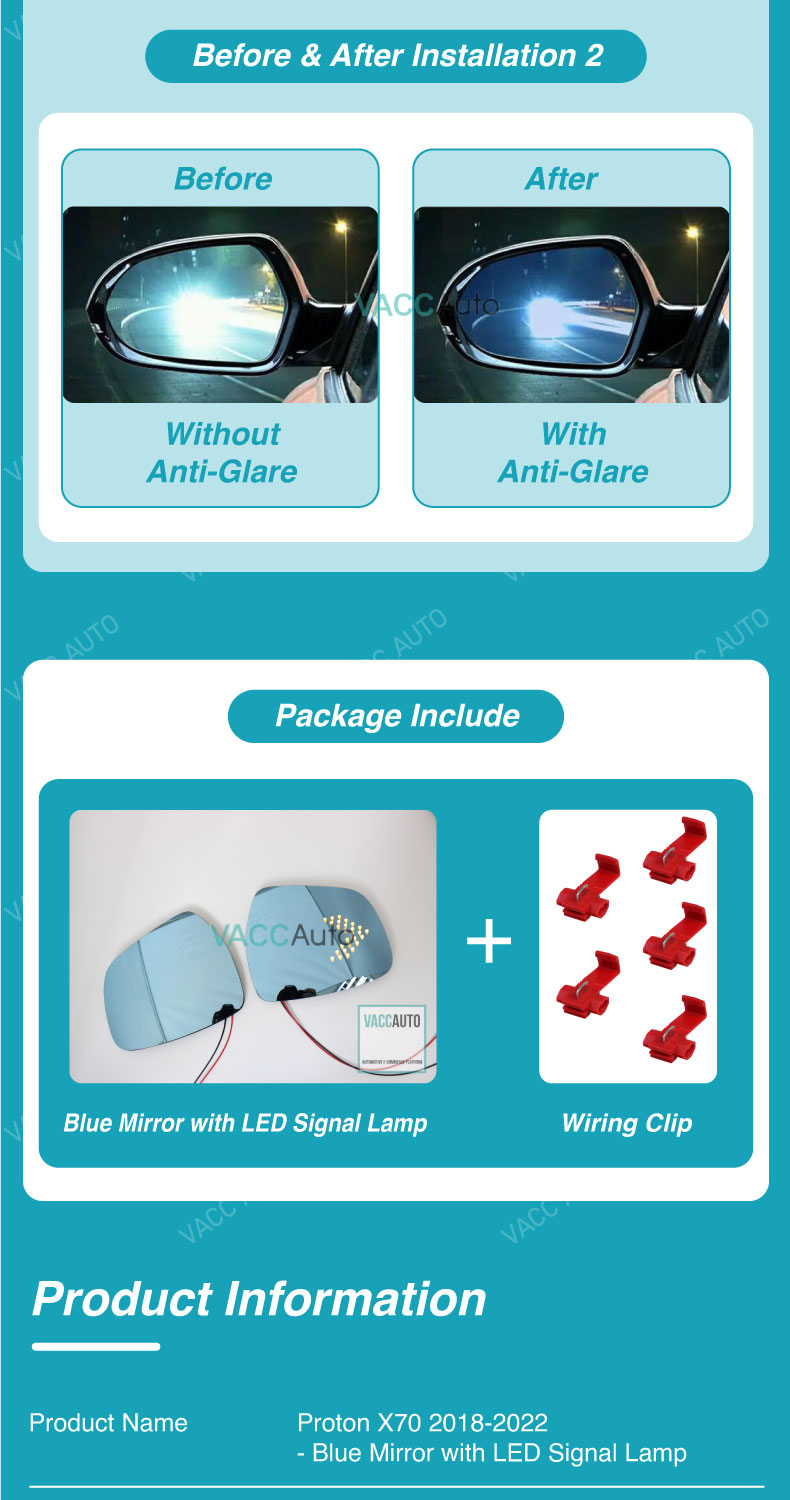 Proton X70 Blue Side Mirror With LED Signal Wide Angle Sight Rear View ...