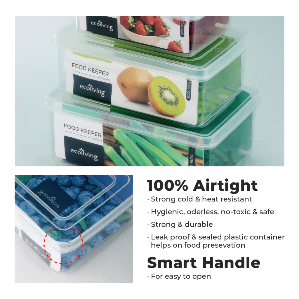 ECO LIVING 500-1200ml Stackable Airtight Fruit Vege.Food Storage ...