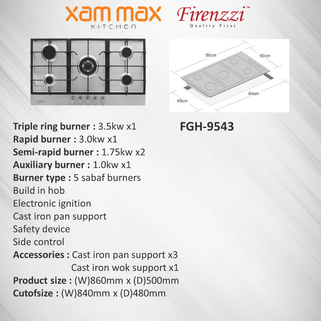 (Lowest price) Firenzzi - Stainless Steel Gas Hob / FH-9543/FGH-9522 ...
