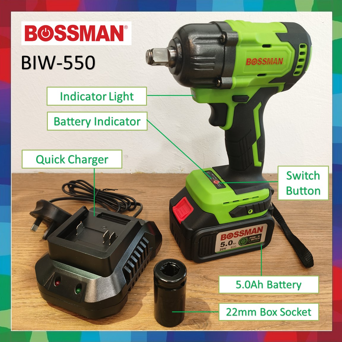 Bossman 550nM Cordless Impact Wrench BIW550 20V Buka Tayar Lori Impact ...
