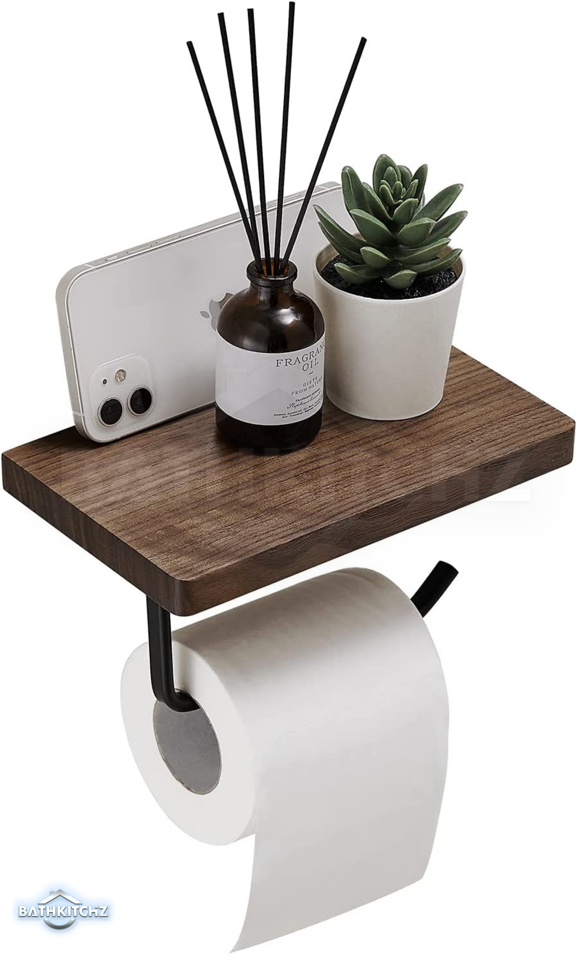 BATHKITCHZ Toilet Paper Holder with Natural Walnut Wooden Shelf Tissue ...