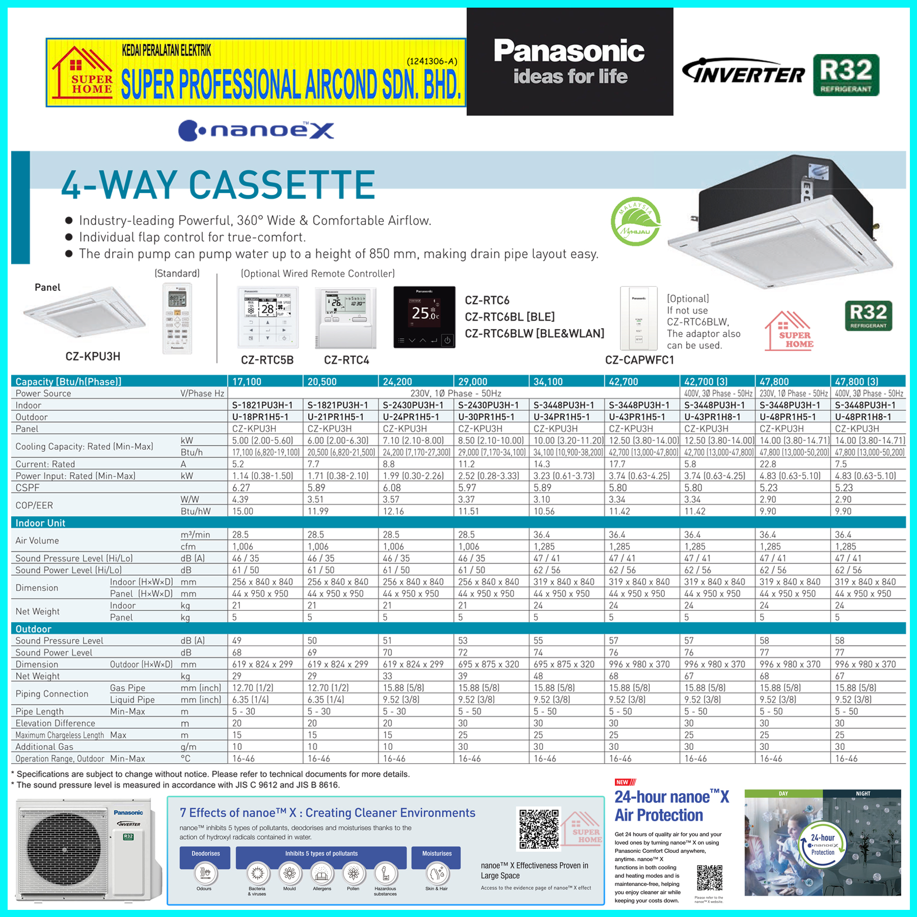 Panasonic Ceiling Cassette Inverter Air Conditioners ((2.0hp - 5.5hp ...