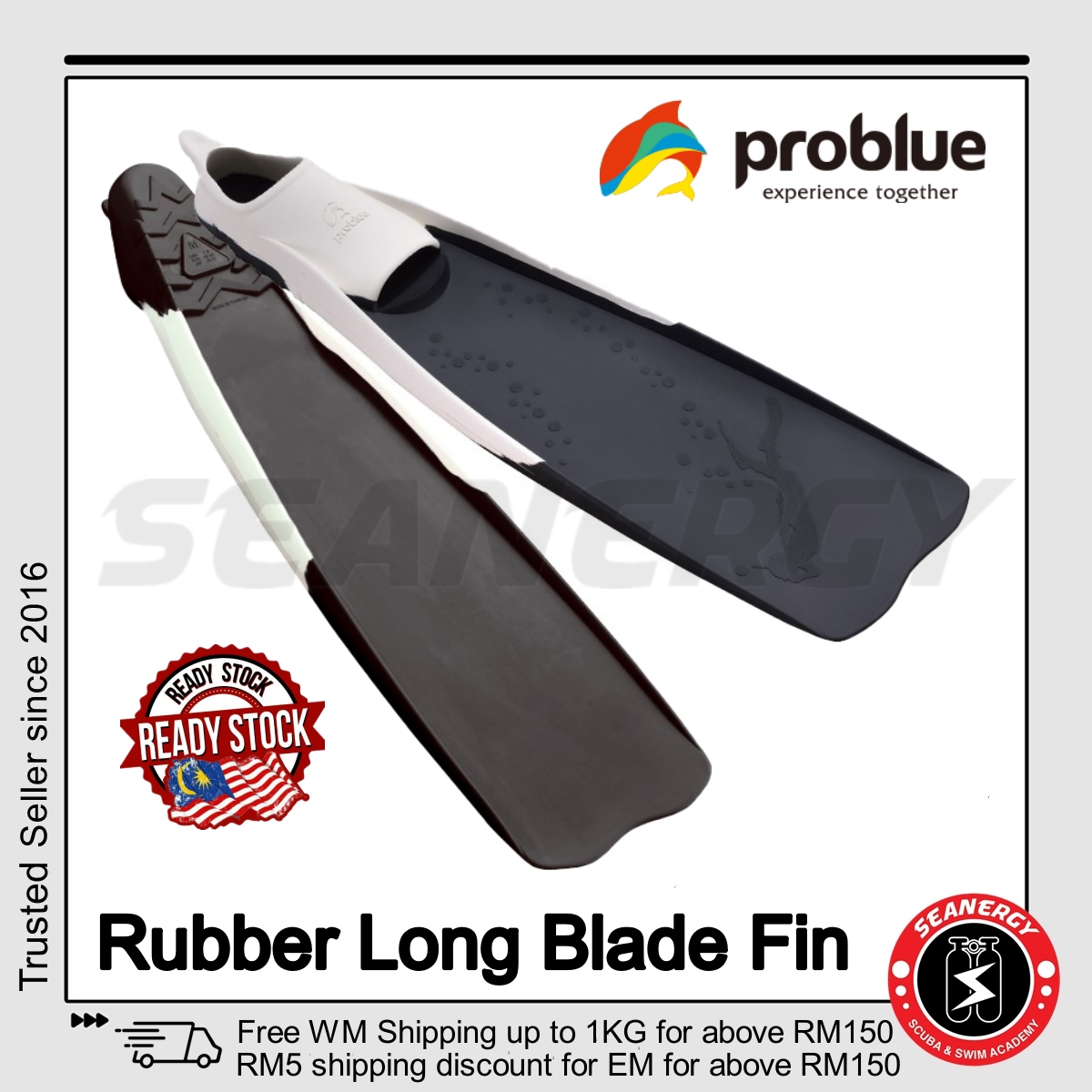 PROBLUE Rubber Long Blade Fin F795 for Scuba Diving Free Diving Full ...