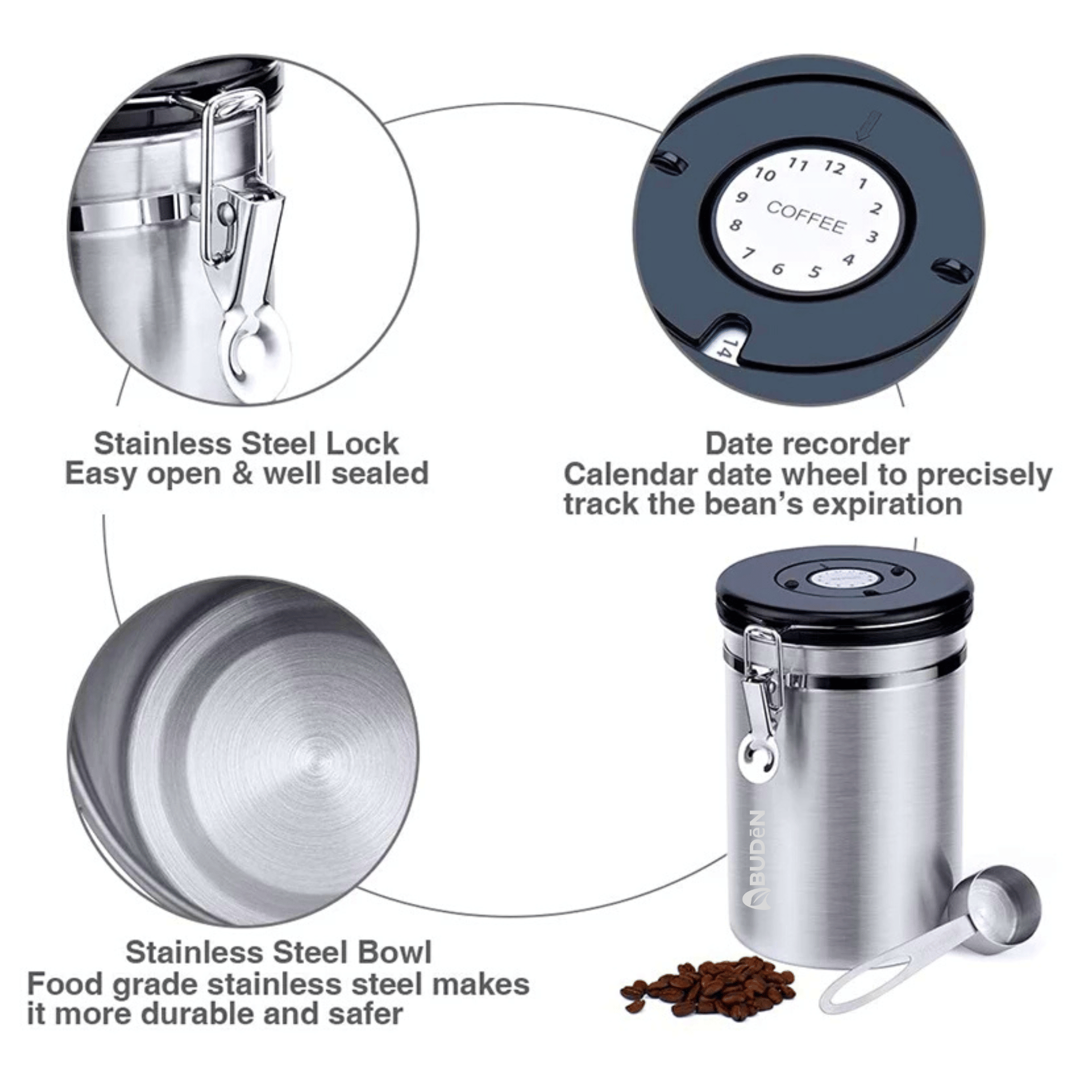 ABUDEN Coffee Bean Canister 304 Stainless Steel Airtight Coffee ...