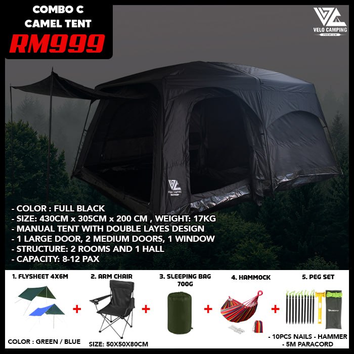 VELOCITY Black Camel Combo Set Large Camping Tent Waterproof Family ...