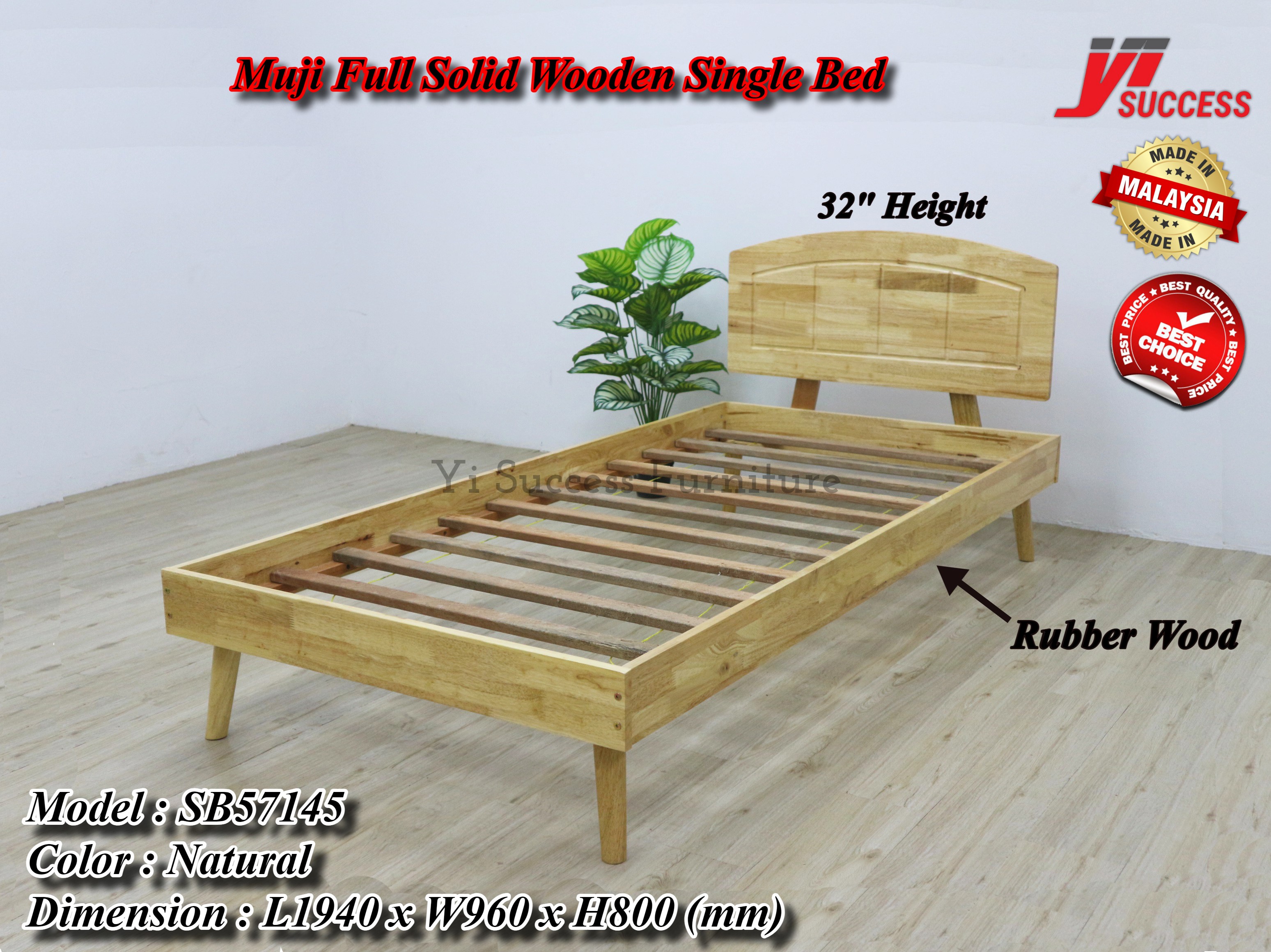 Yi Success Muji Full Solid Wooden Single Bed Frame / Modern Style Wooden Single Bed / Katil ...