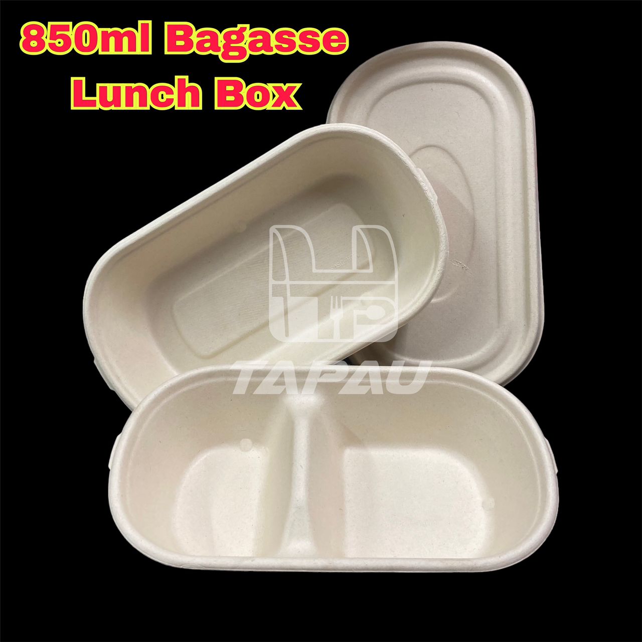 TAPAU - 850ml Oval Bagasse Lunch Box [ 50pcs +- ] / 2 Compartment Bio ...