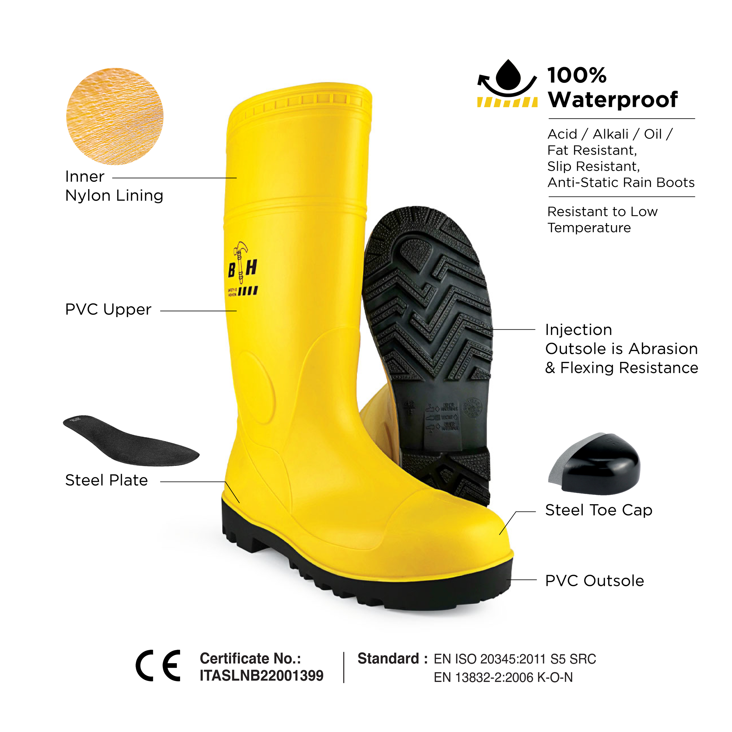 Black Hammer Safety Rain Boots 35cm with Steel Toe Cap and Steel ...