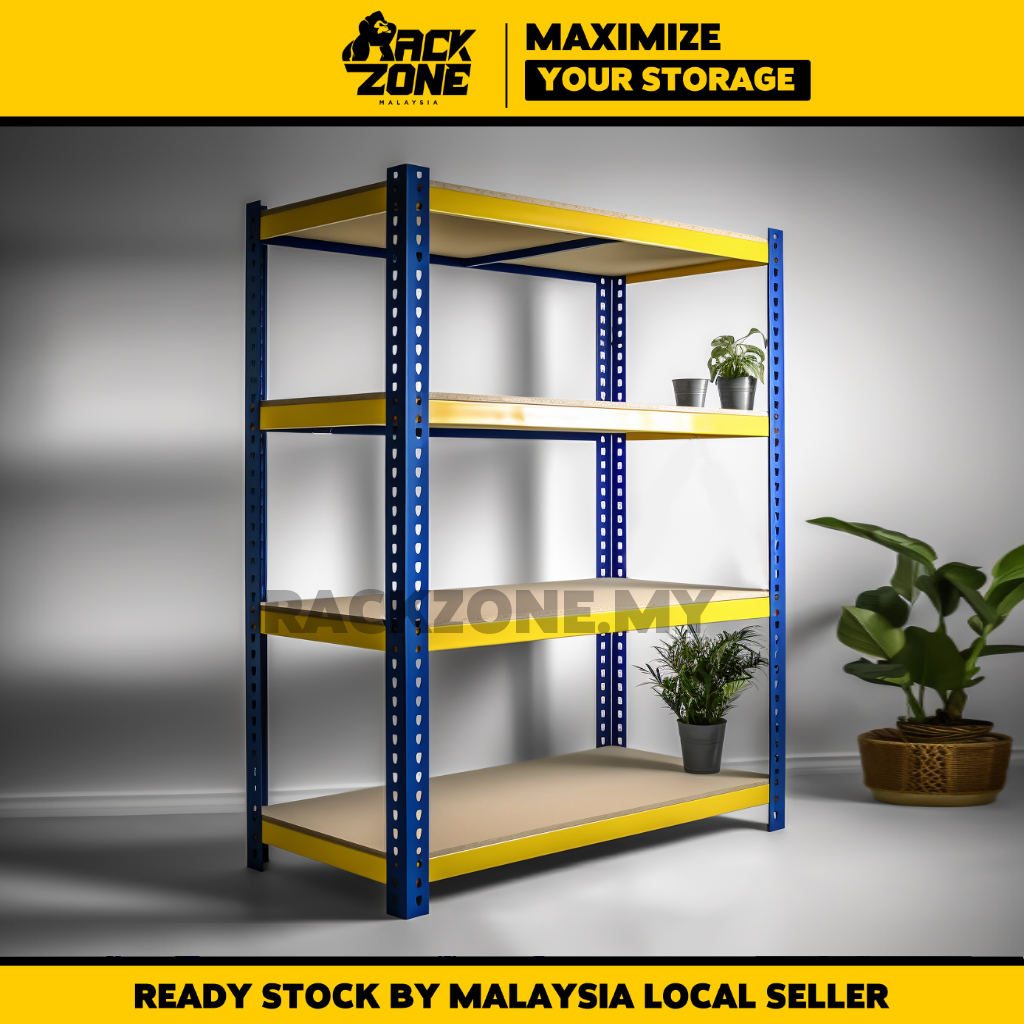 RACKZONE Yellow Blue 4 Level Storage Boltless Rack Heavy Duty Rak Besi ...