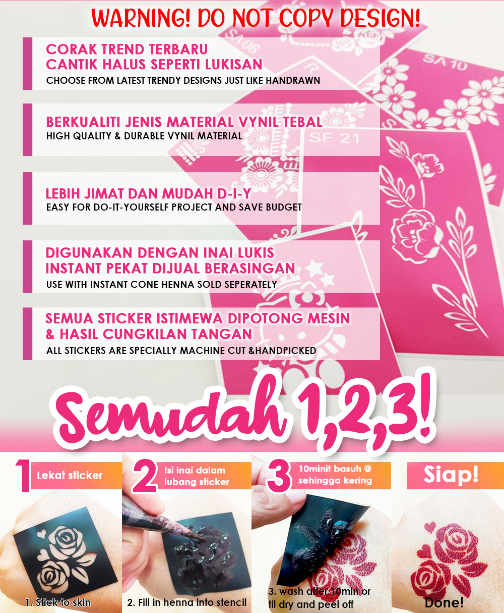 💕 SPECIAL 💕 [1] Sticker Inai Pengantin Bride Henna DIY Stencil Tunang ...