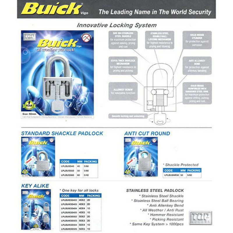 BUICK NIETZ ANTI-RUST HEAVY DUTY PADLOCK SHACKLE [LIFE TIME ANTI-RUST ...