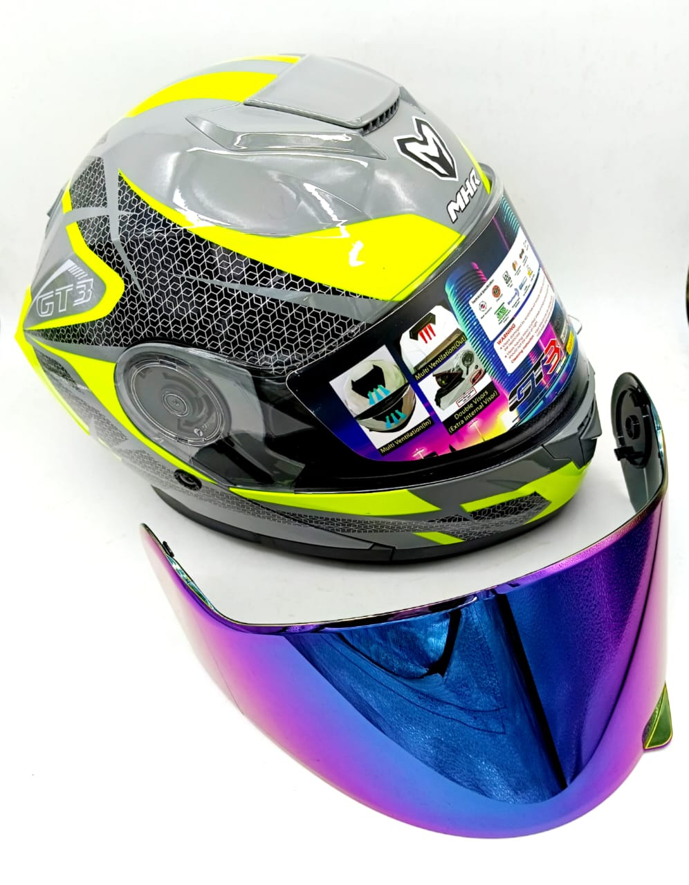 MHR Racing Full Face Helmet Flip Up Double Visor FU926 Grey Yellow R15 ...