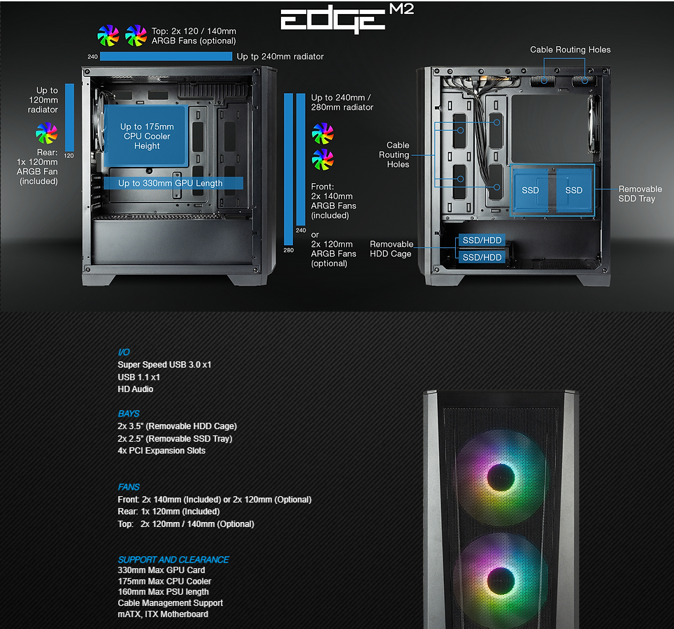 TECWARE EDGE M2 TG ARGB MATX CASE ( BLACK ) ( WITH 3 ARGB FAN ...