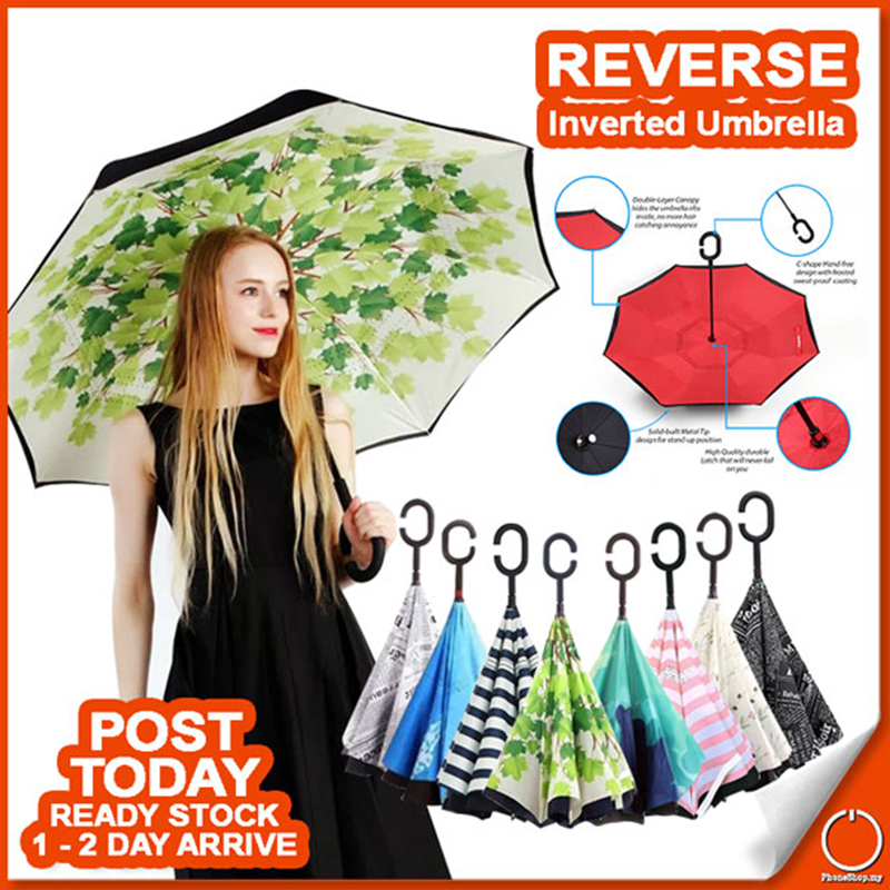 𝗜𝗡𝗩𝗘𝗥𝗧𝗘𝗗 Double Layer 2X Canopy Reverse Umbrella Anti UV Windproof ...