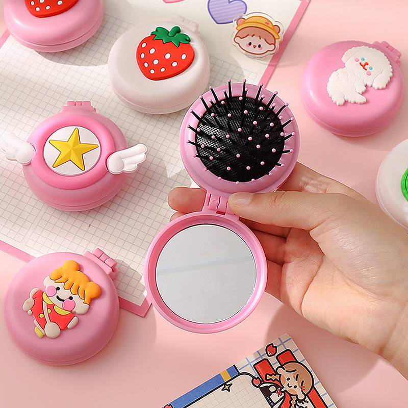 𝟮 𝗜𝗡 𝟭 》Foldable Pocket Mirror Hair Comb Cute Head Scalp Massage Air ...