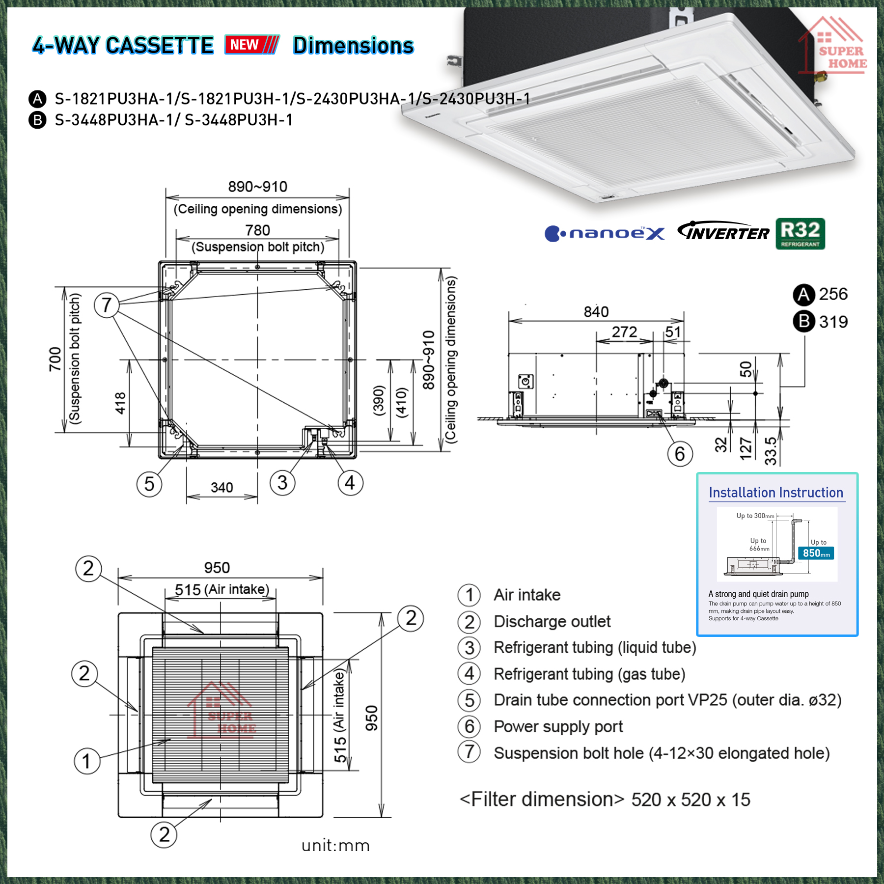 Panasonic 5hp Inverter Ceiling Cassette Air Conditioner S-3448PU3H-1 ...
